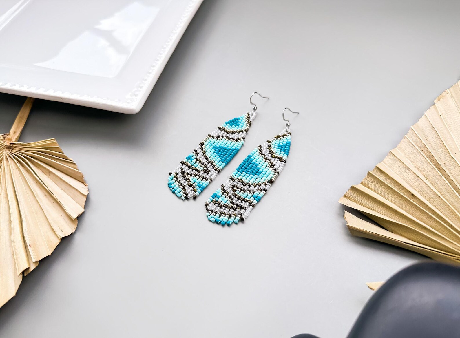 Beach Ocean Aesthetic Seed Bead Fringe Earrings, Summer Handmade Boho ...