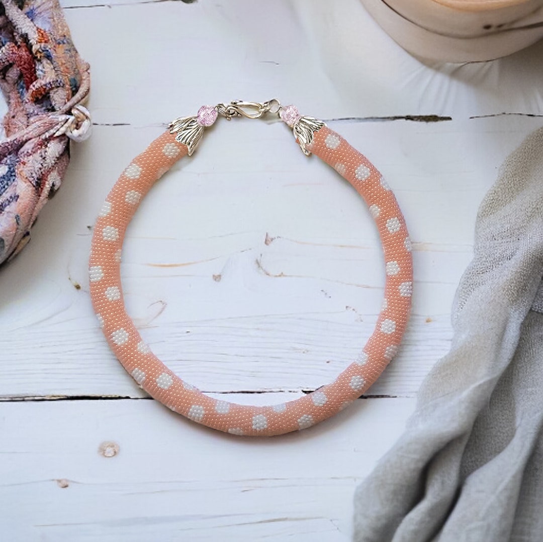 Romantic Pinky Coral With White Polka Dots Bead Crochet Necklace ...