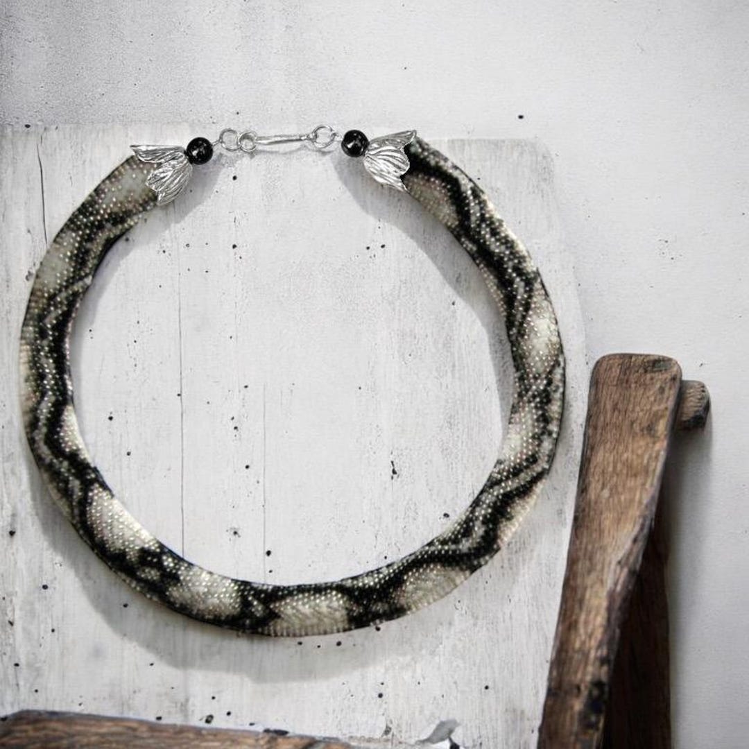 Handmade White Black Python Skin Necklace for Her, Snake Beaded Rope ...