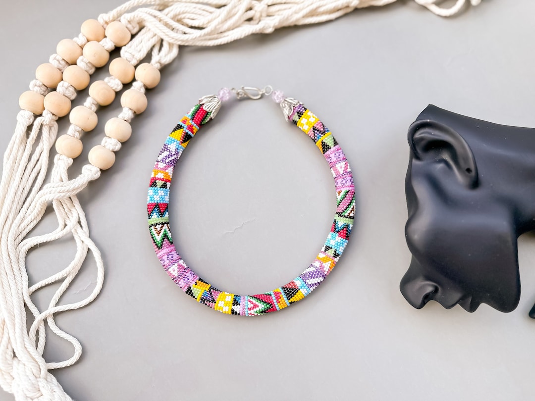 Bright Pink Patchwork Crochet Beaded Necklace, American Style Geometric ...