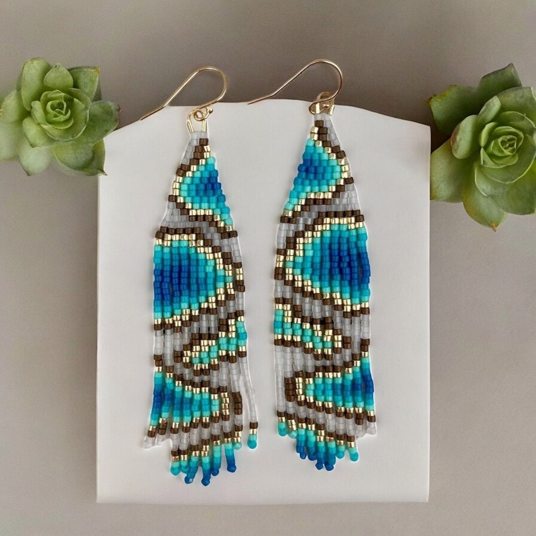 Beach Ocean Aesthetic Seed Bead Fringe Earrings, Summer Handmade Boho ...