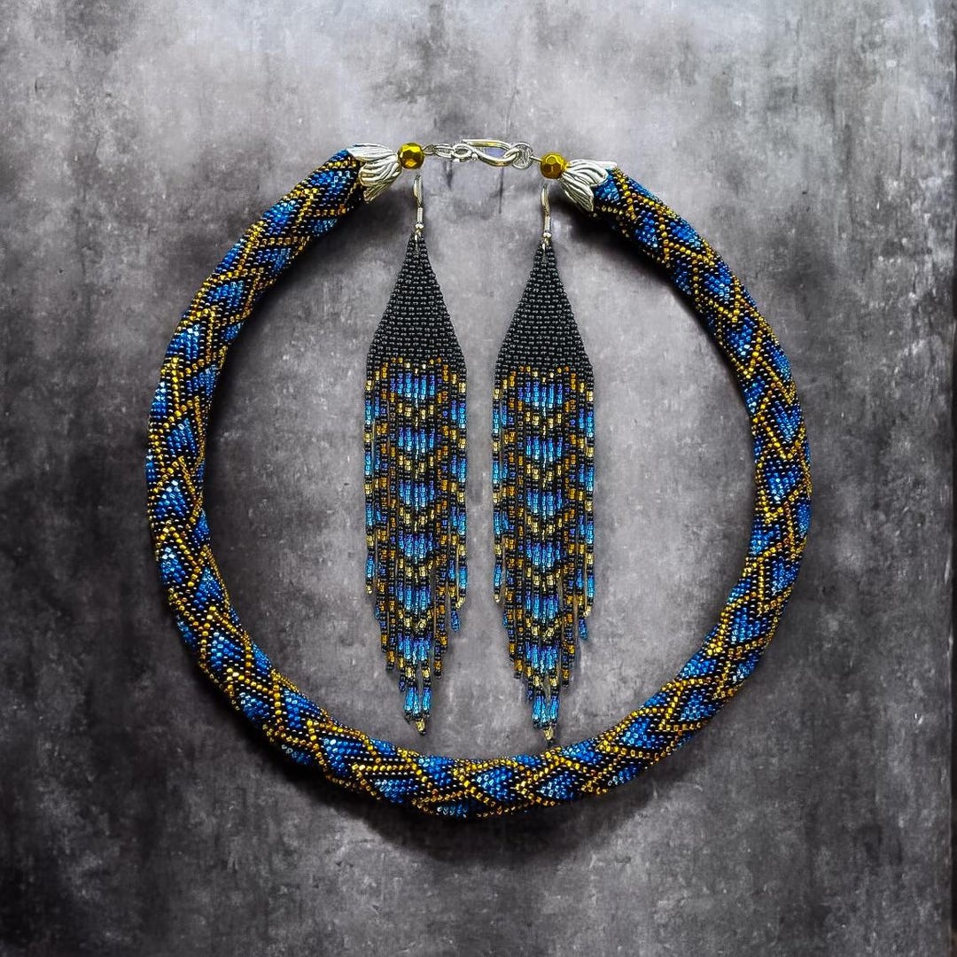 Gothic Bead Crochet Azure Blue Dragon Skin Necklace & Earrings Set ...