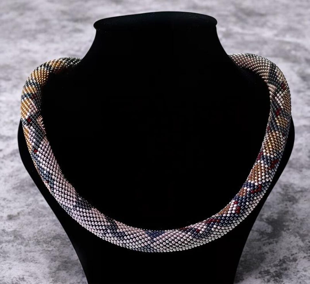 Handmade Grey Brown Python Bead Crochet Necklace, Snake Print Statement Necklace, Beadwork ...