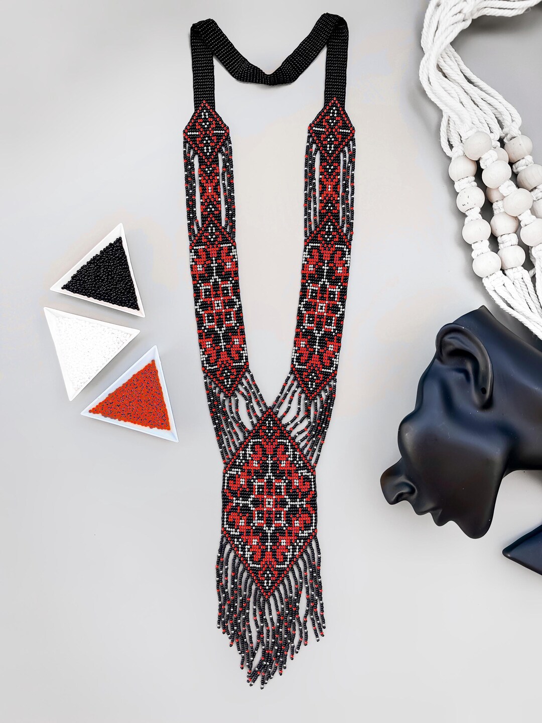 Red Black Beaded Jewelry, Red Beadwork Necklace, European Folk Art ...