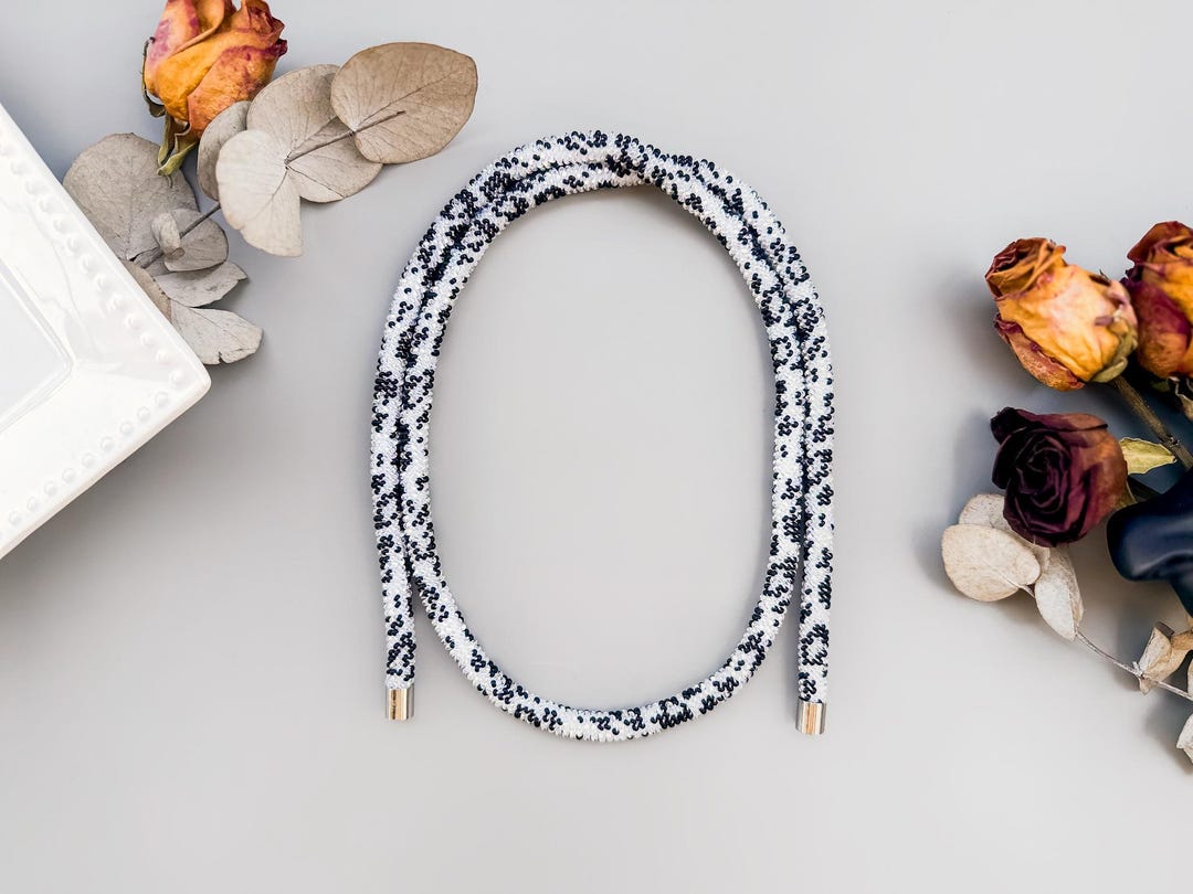 Handmade White Snow Leopard Long Lariat Necklace Winter Black White ...