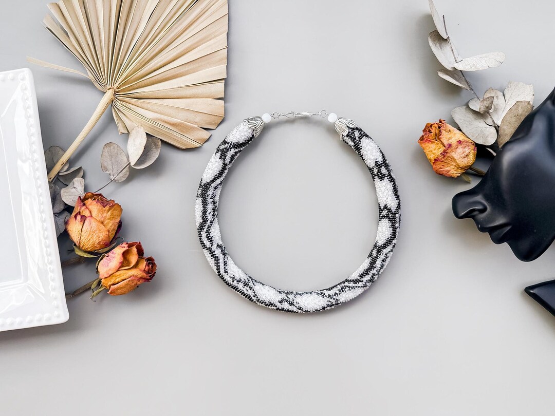 Handmade White Black Python Skin Necklace for Her, Snake Beaded Rope ...