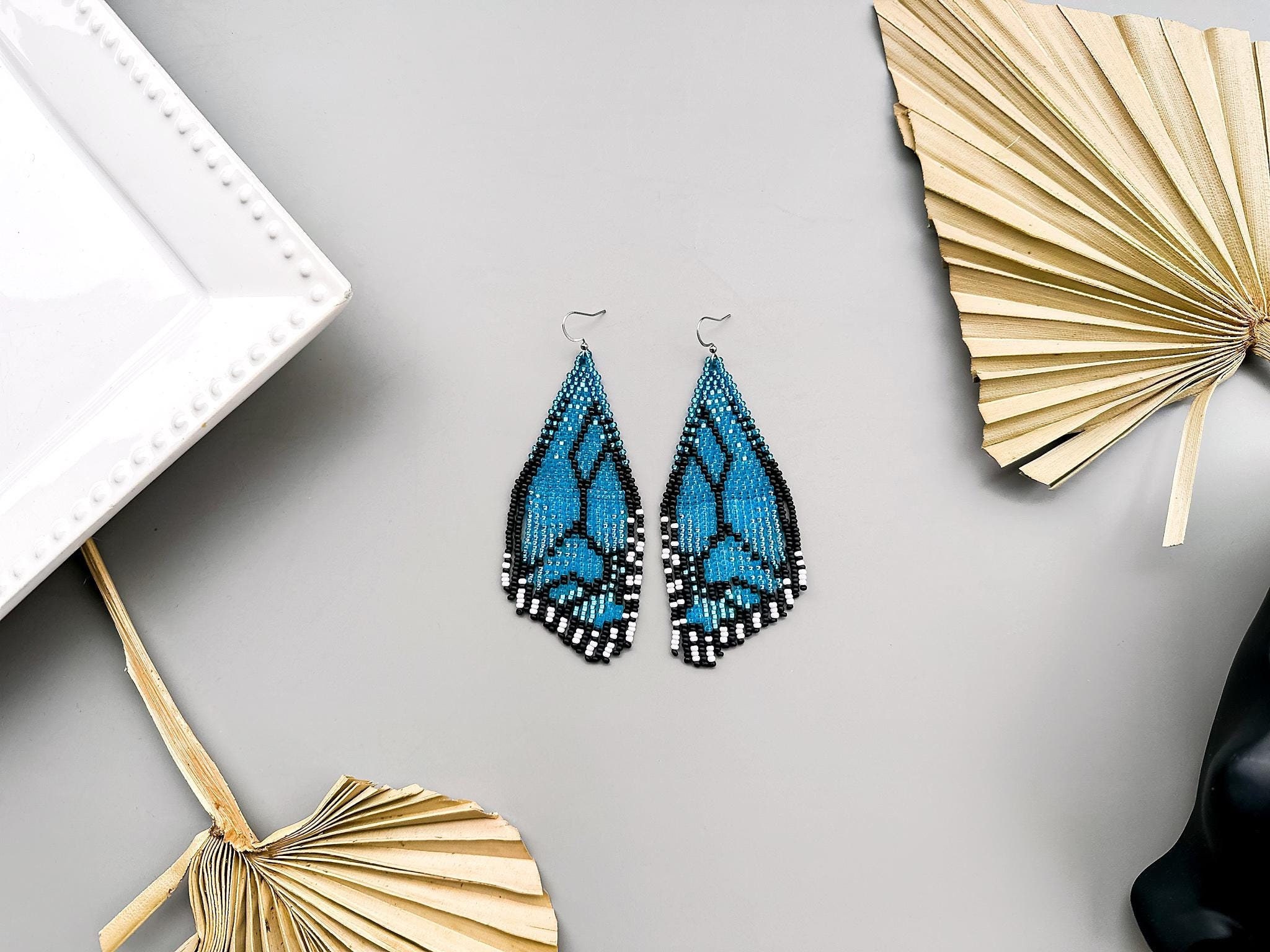 Blue Butterfly Wings Bead Fringe Earrings, Boho Beaded Jewerly for Her ...