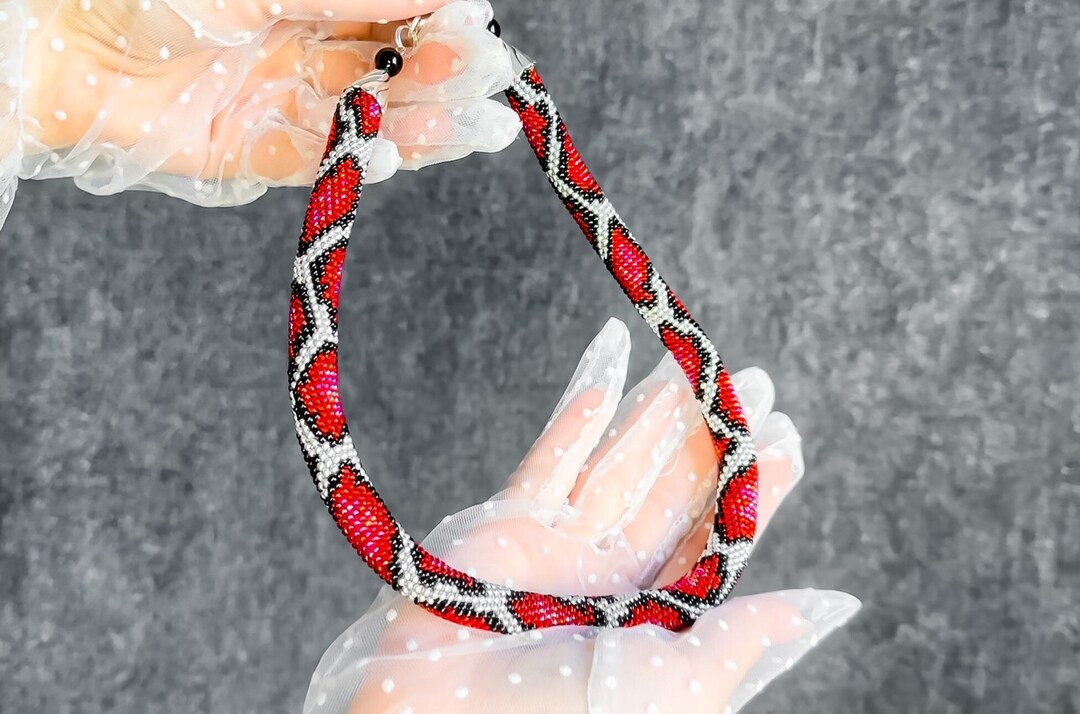 Fairy Bead Crochet Red Silver Python Skin Necklace, Snake Print ...