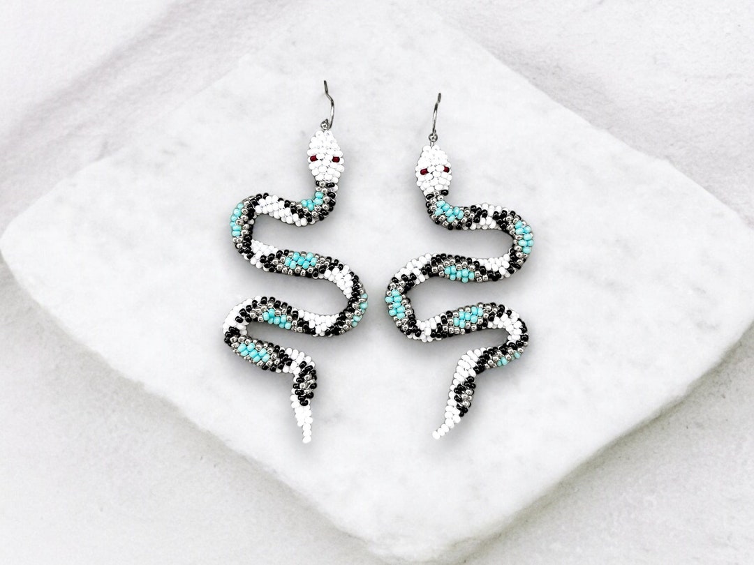 Snake Beaded Earrings, Silver Turquoise Reptile Earrings, Gothic Long ...