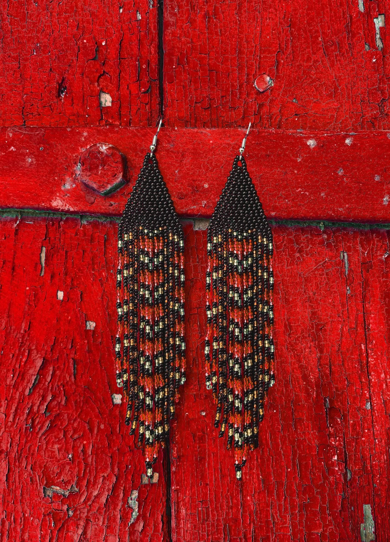 Gothic Bead Red Blood Dragon Skin Earrings, Handmade Beadwork Jewelry ...