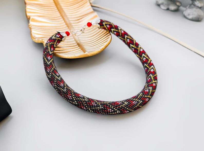 Gothic Red Dragon Skin Bead Crochet Necklace, Reptile Women Bead ...