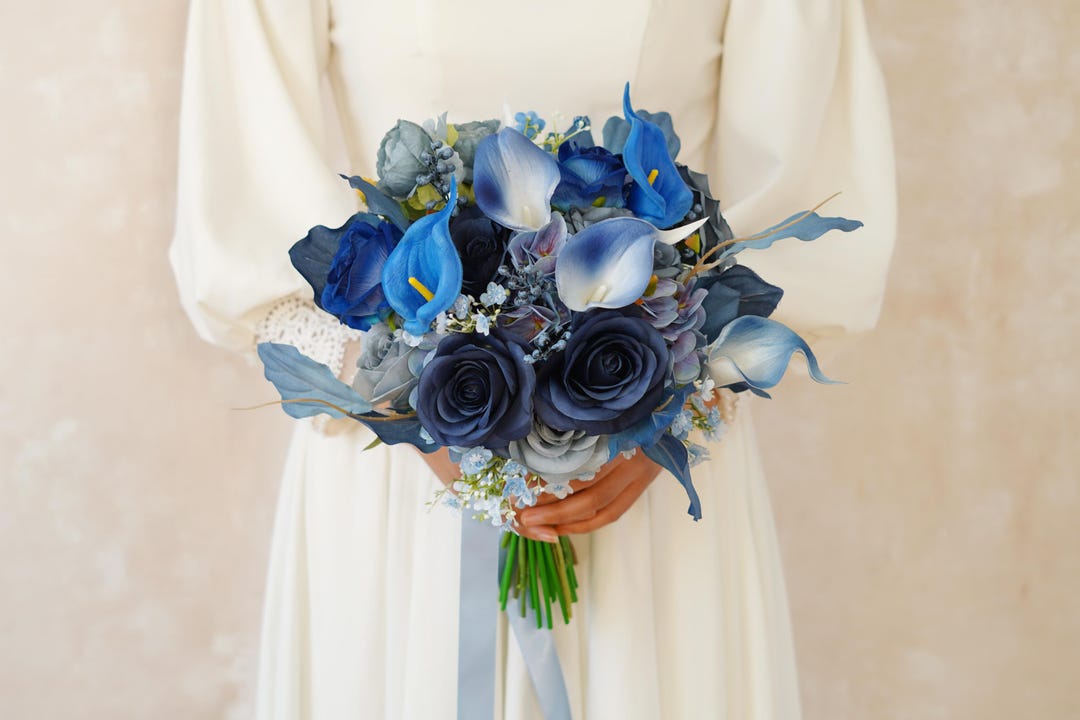 Faux Navy Blue/royal Blue/dusty Blue Wedding Bouquet,boho Blues Bridal ...