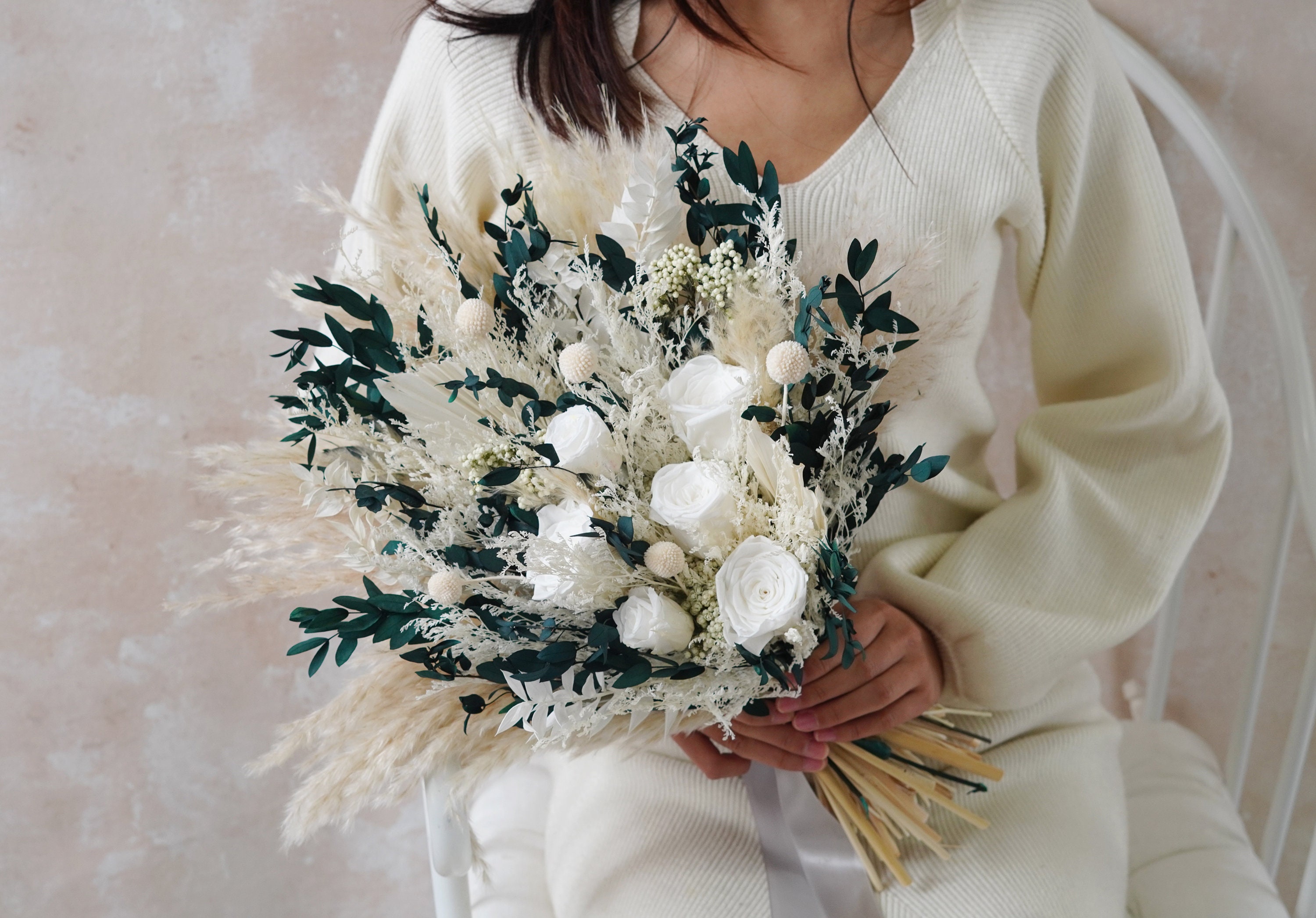 White Rose Greenery Dried Pampas Grass Bouquet,eucalyptus Bridal ...