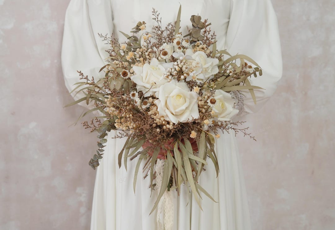 White Rose Bridal Bouquet,elegant Greenery,eternal Wedding Bouquet ...