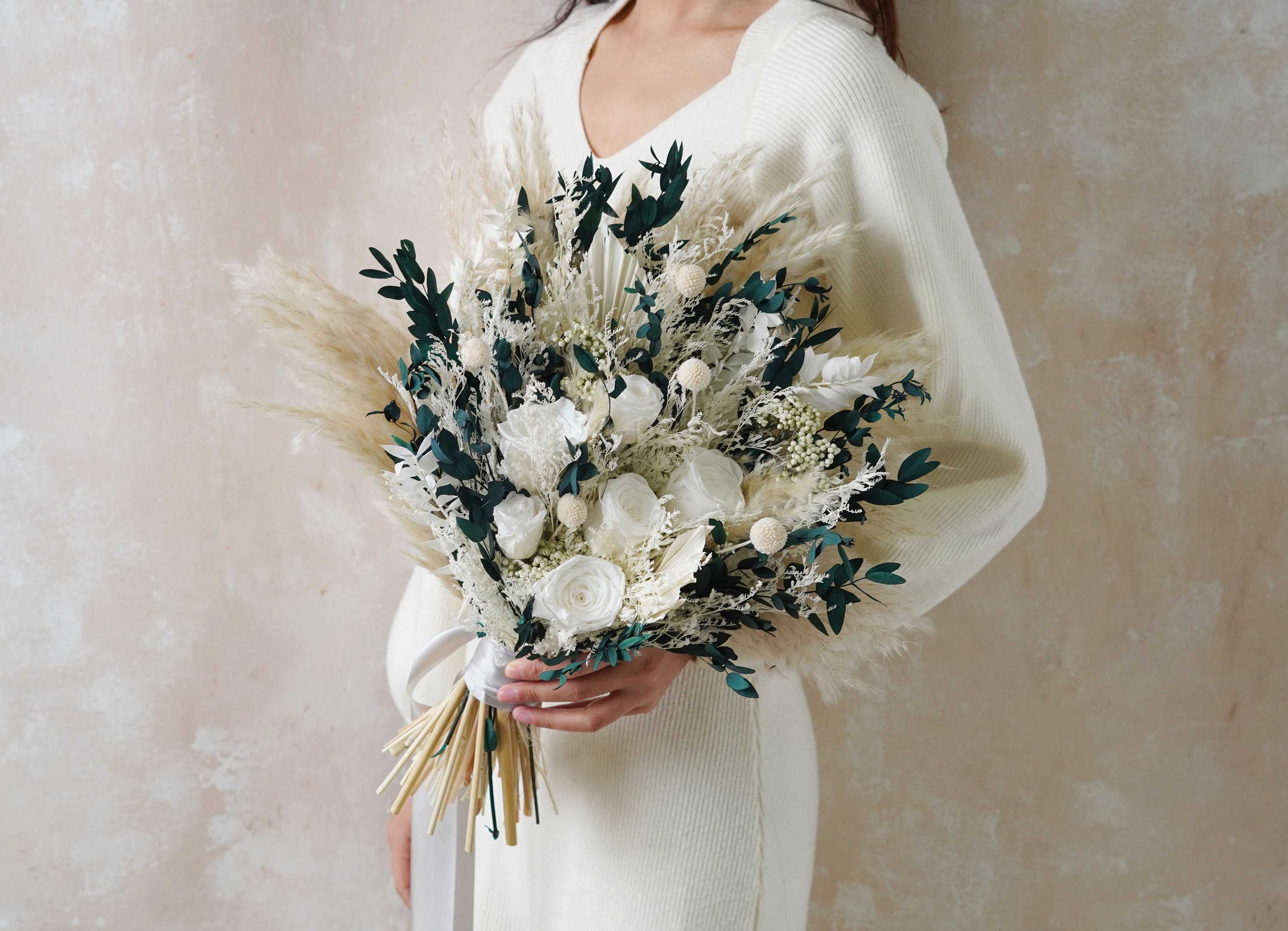 White Rose Greenery Dried Pampas Grass Bouquet,eucalyptus Bridal ...