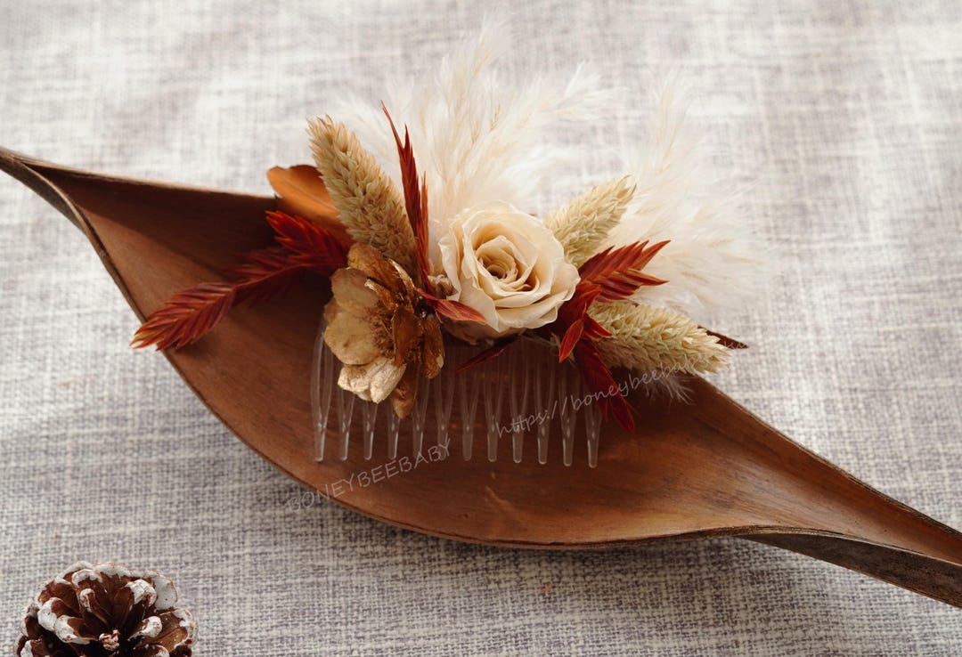 Burnt Orange Hair Comb,rose Dried Flower Hair Comb,bridal Hair Comb ...