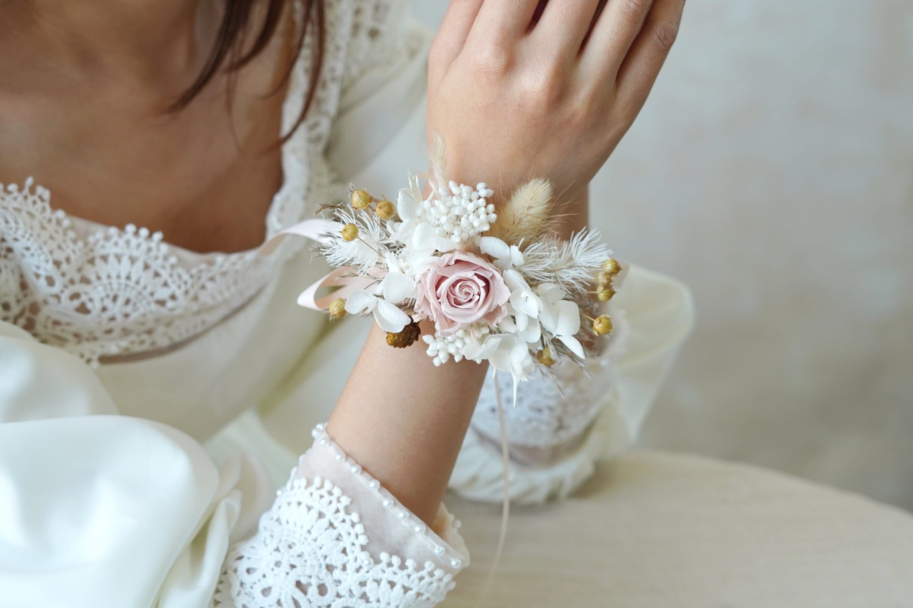 Pink and Cream Boho Wrist Corsage,dried Flower Wedding Wrist Corsage ...