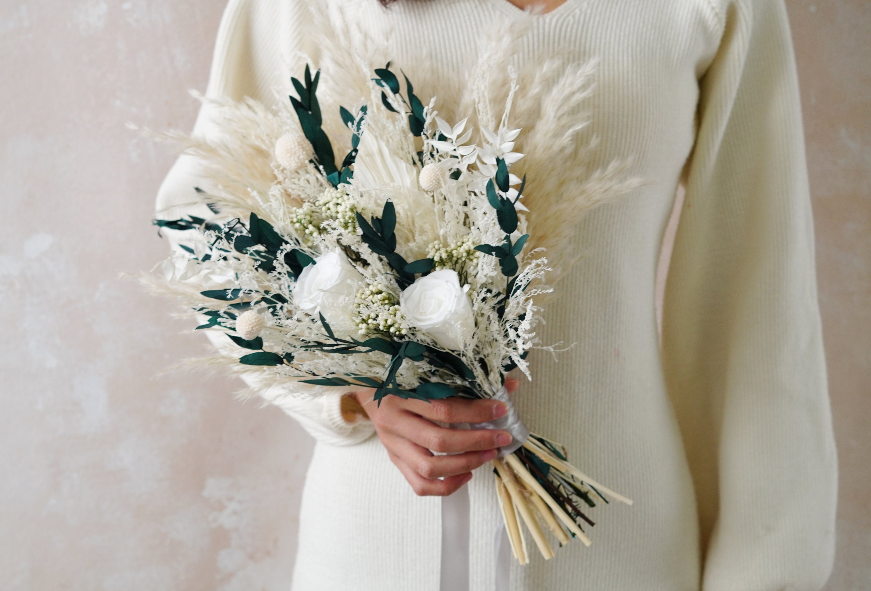 White Rose Greenery Dried Pampas Grass Bouquet,eucalyptus Bridal ...