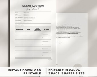 Silent Auction Bid Form, Silent Auction Canva Template, Silent Auction ...