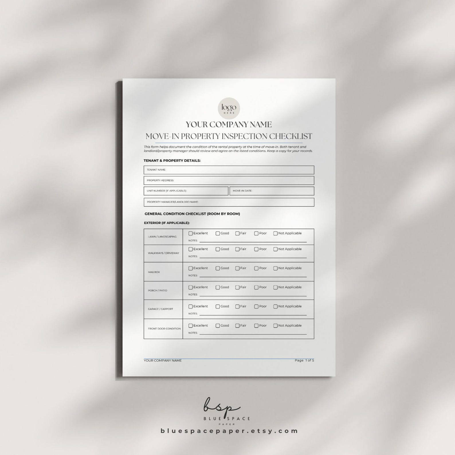Move in Inspection Form, Rental Inspection Checklist, Property ...