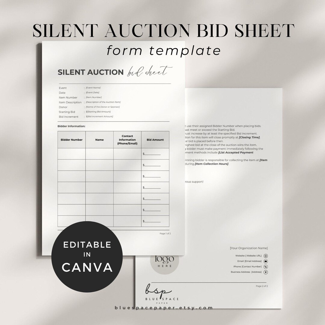 Silent Auction Form, Silent Auction Bid Sheet, Fundraiser Sheet ...