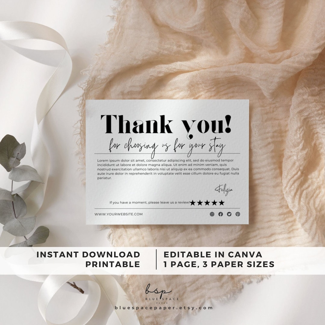 Airbnb Host Thank You Card, Printable Thank You Card for Business ...