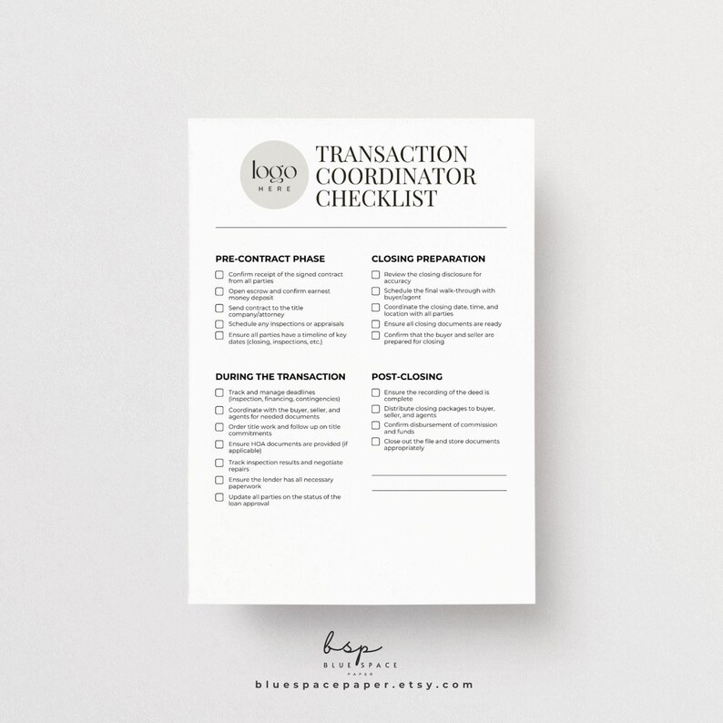 Transaction Coordinator Checklist, Real Estate Transaction Checklist ...