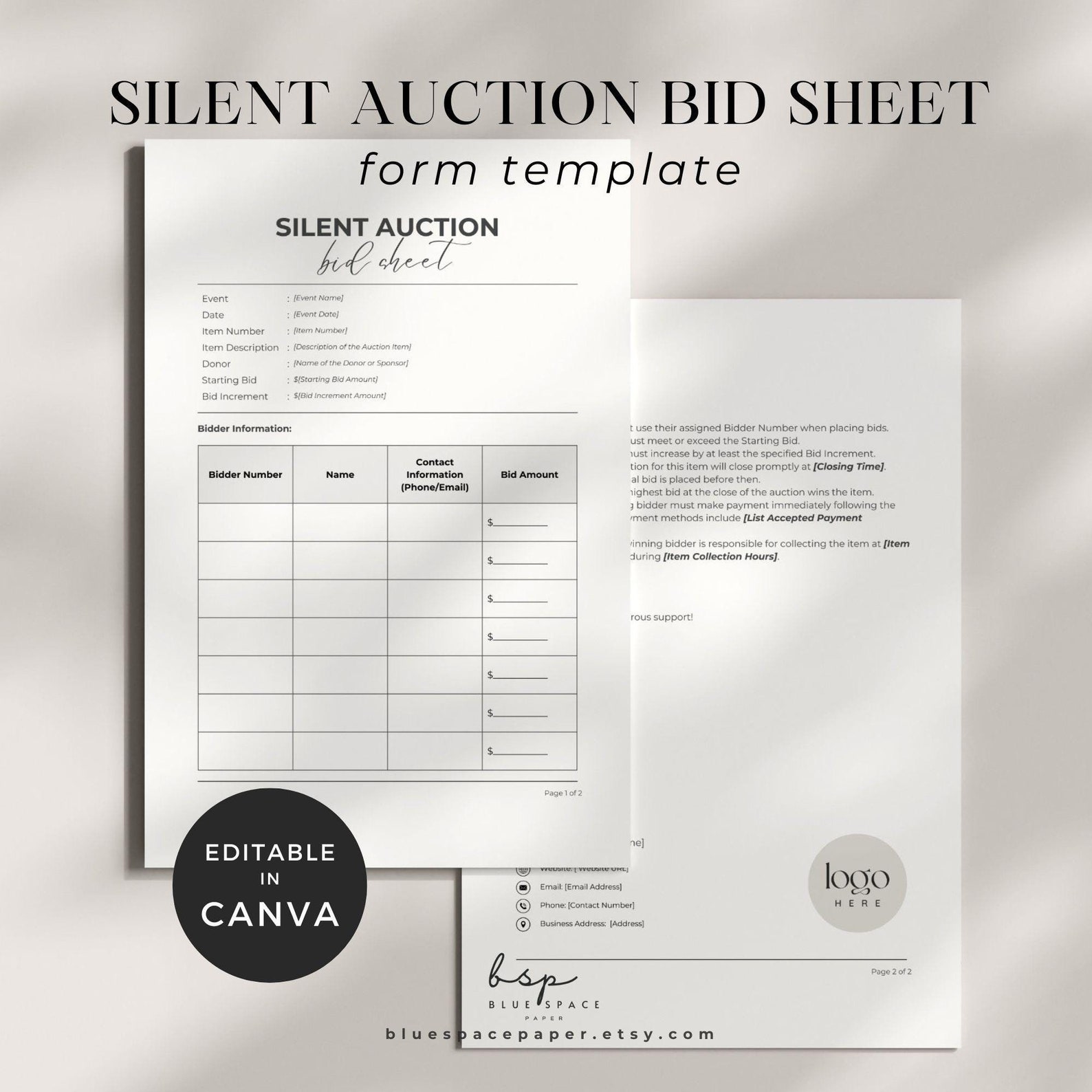 Editable Silent Auction Bid Form, Silent Auction Bid Sheet Template ...