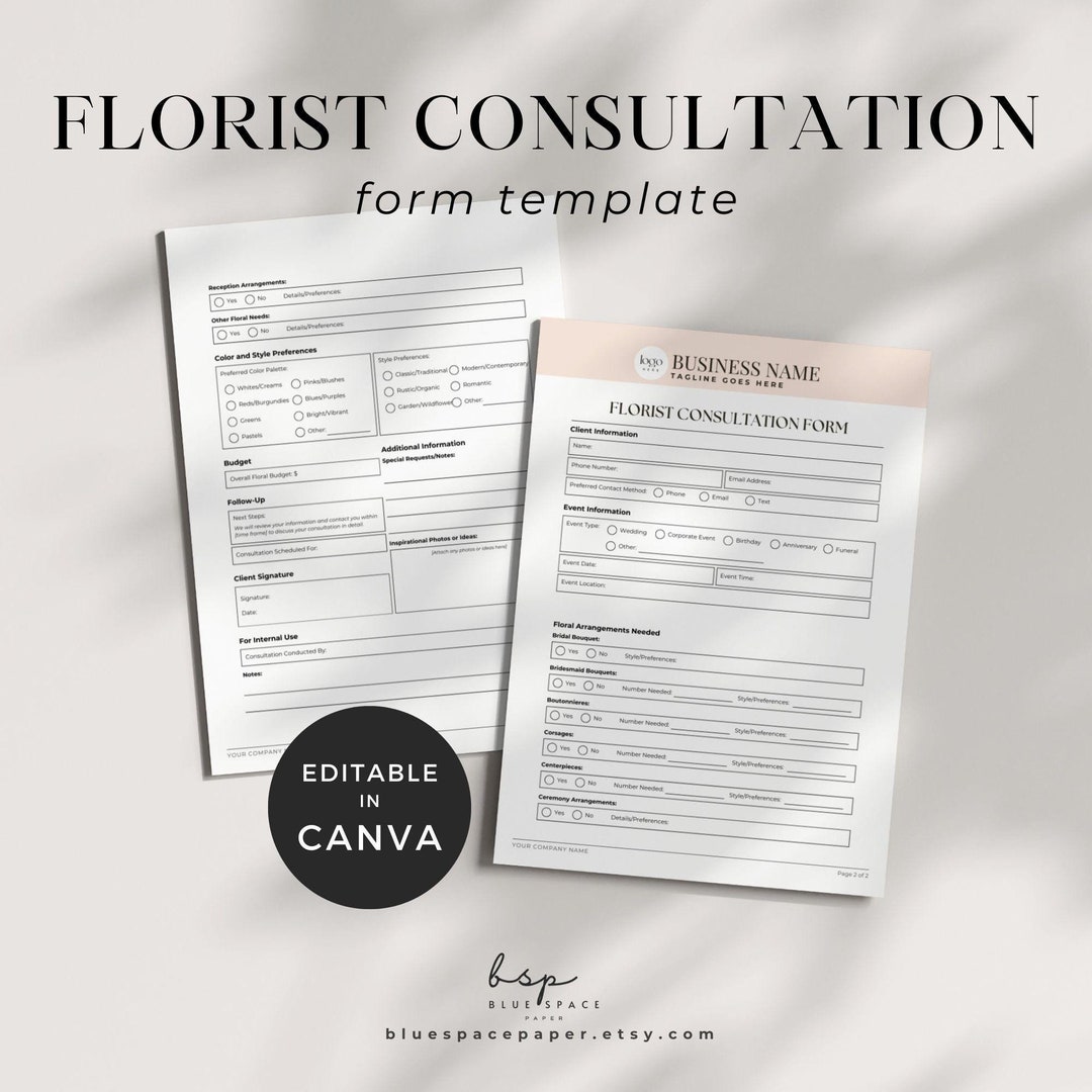 Wedding Florist Intake Form, Florist Consultation Form, Florist ...
