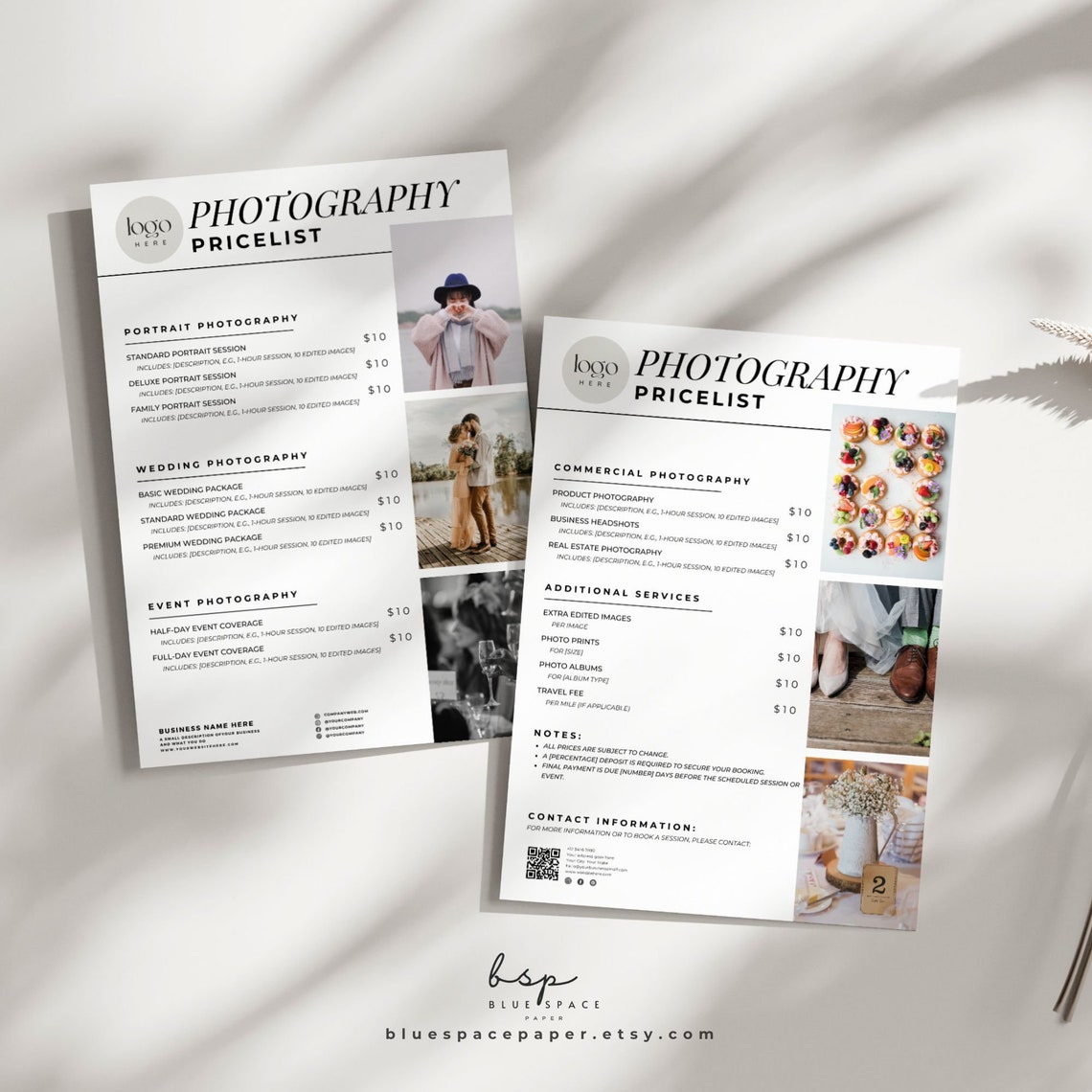 Photographer Price Menu, Modern Photography Price Sheet Template ...