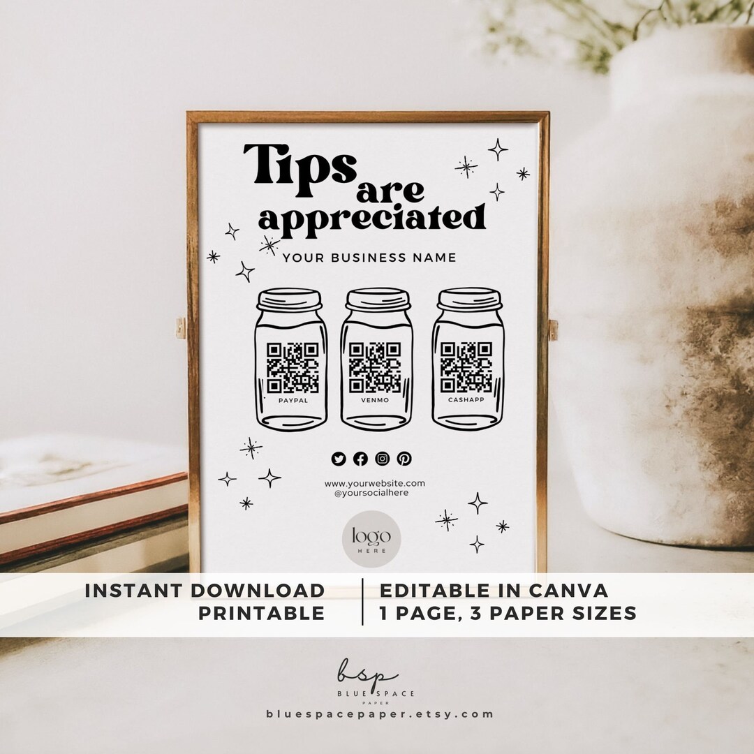 QR Code Sign Tips, Printable Virtual Tip Jar Sign, Cashapp and Venmo ...