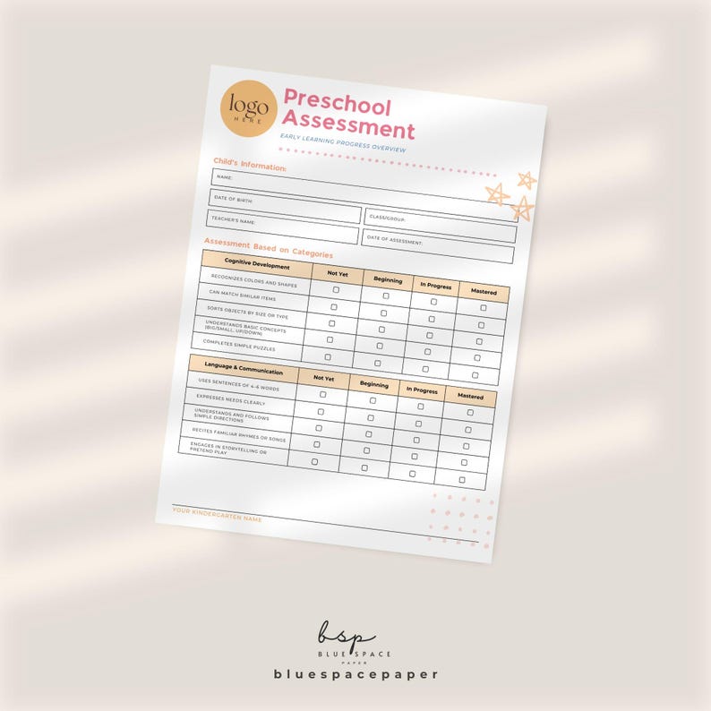 Preschool Assessment Sheets, Pre K Assessment Template, Homeschool ...