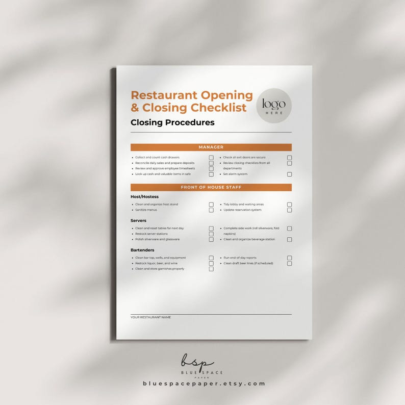 Restaurant Opening and Closing Checklist, Server Opening Closing ...