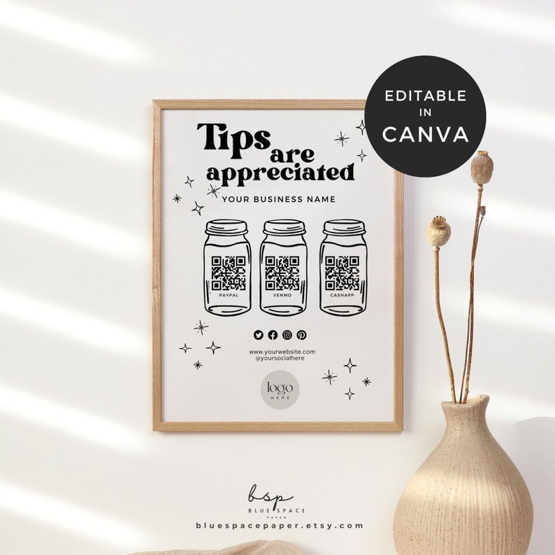 QR Code Sign Tips, Printable Virtual Tip Jar Sign, Cashapp and Venmo ...