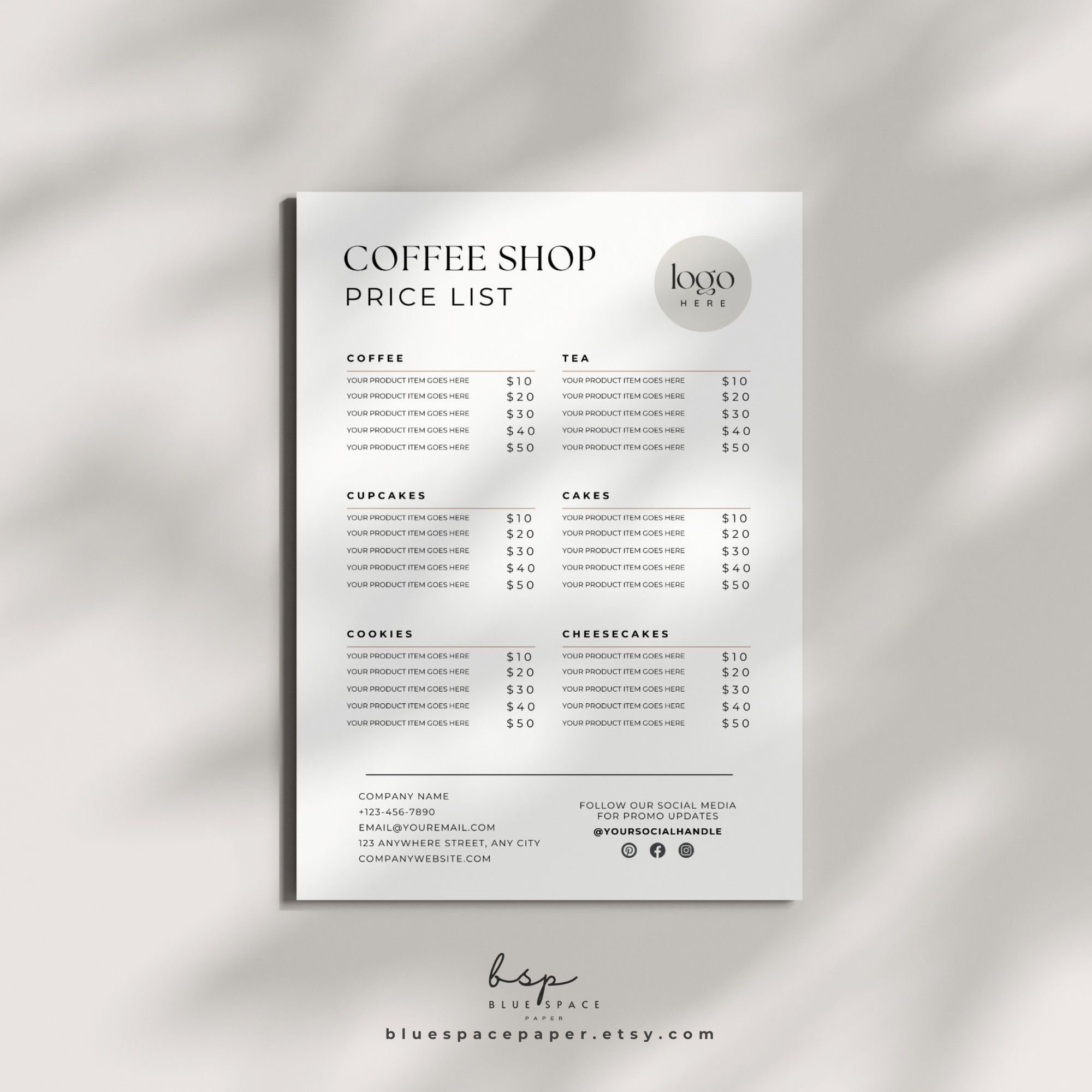 Coffee Shop Price List, Prices for Coffee Cake, Bakery Menu Template ...