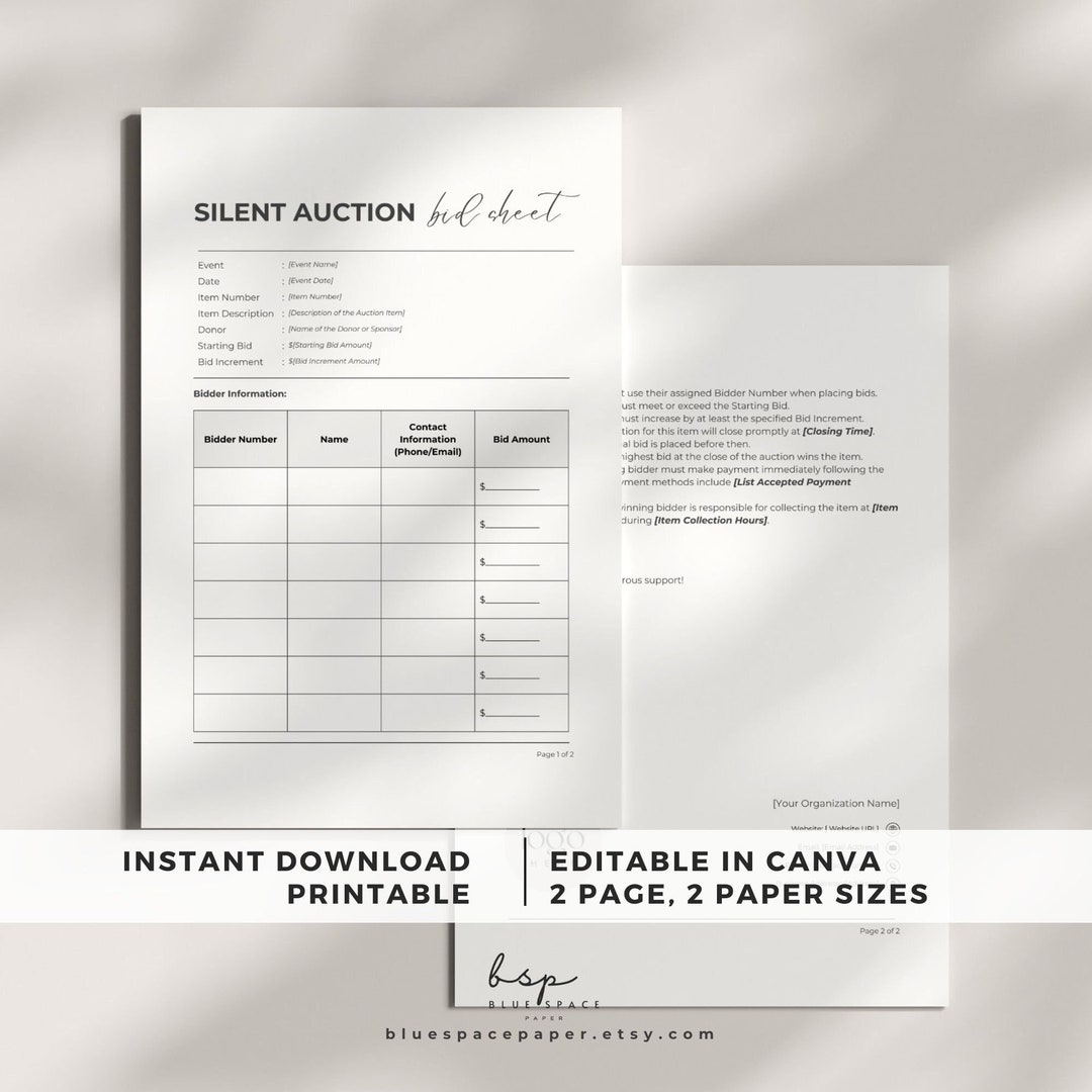 Silent Auction Form, Silent Auction Bid Sheet, Fundraiser Sheet ...