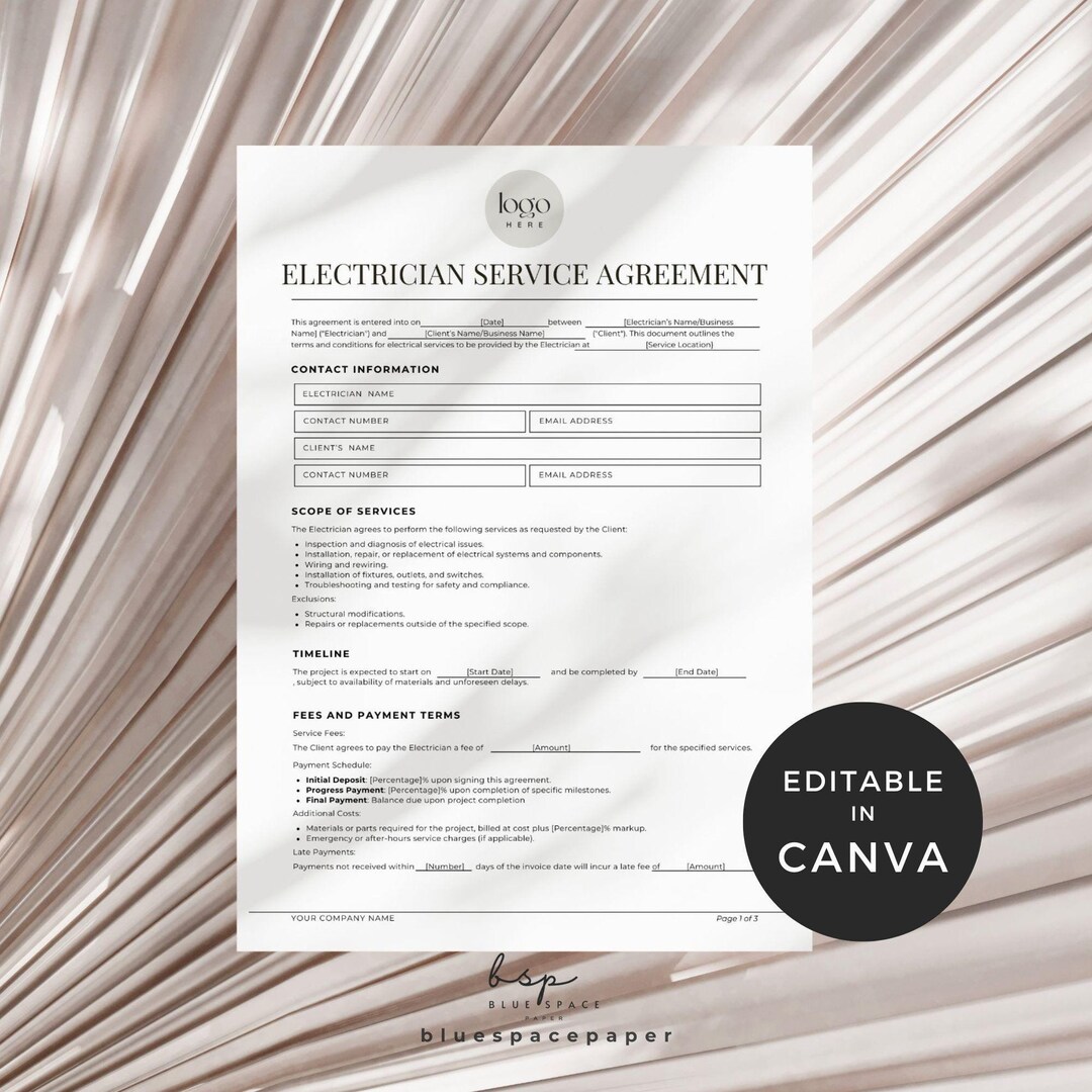Electrician Service Agreement, Electrical Service Contract Template ...