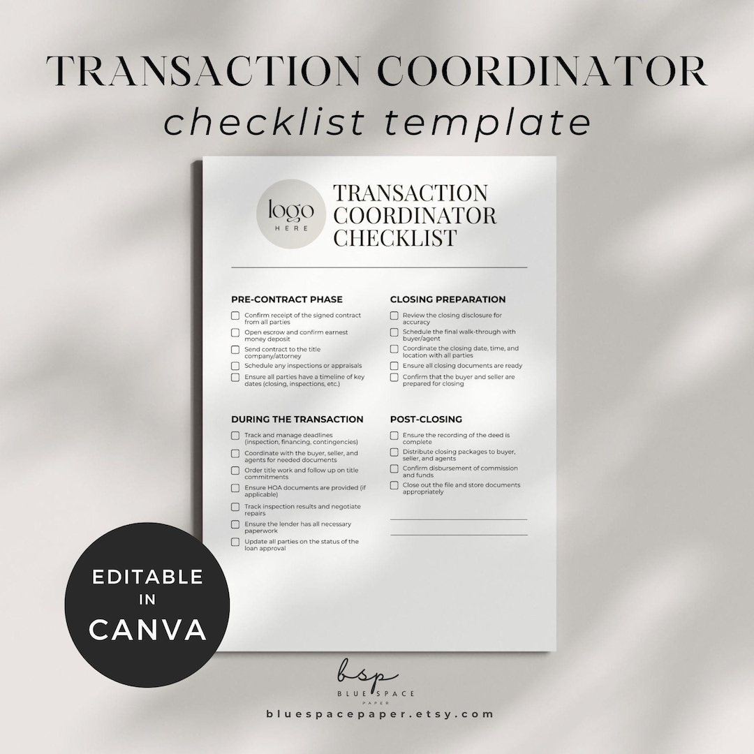Transaction Coordinator Checklist, Real Estate Transaction Checklist ...