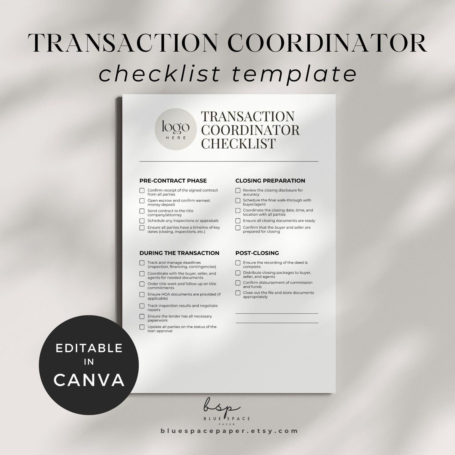 Transaction Coordinator Checklist, Real Estate Transaction Checklist ...