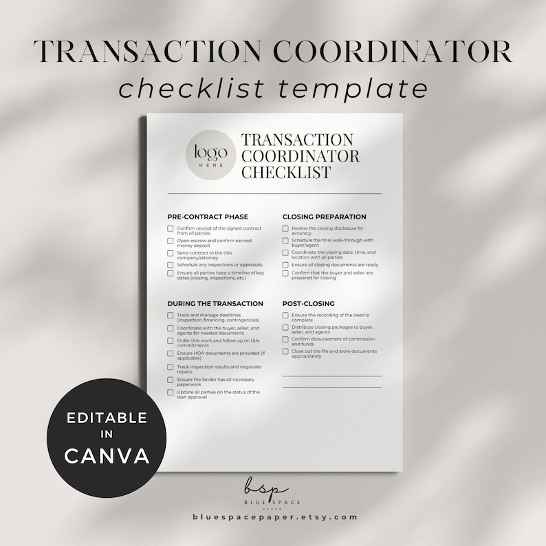 Transaction Coordinator Checklist, Real Estate Transaction Checklist ...