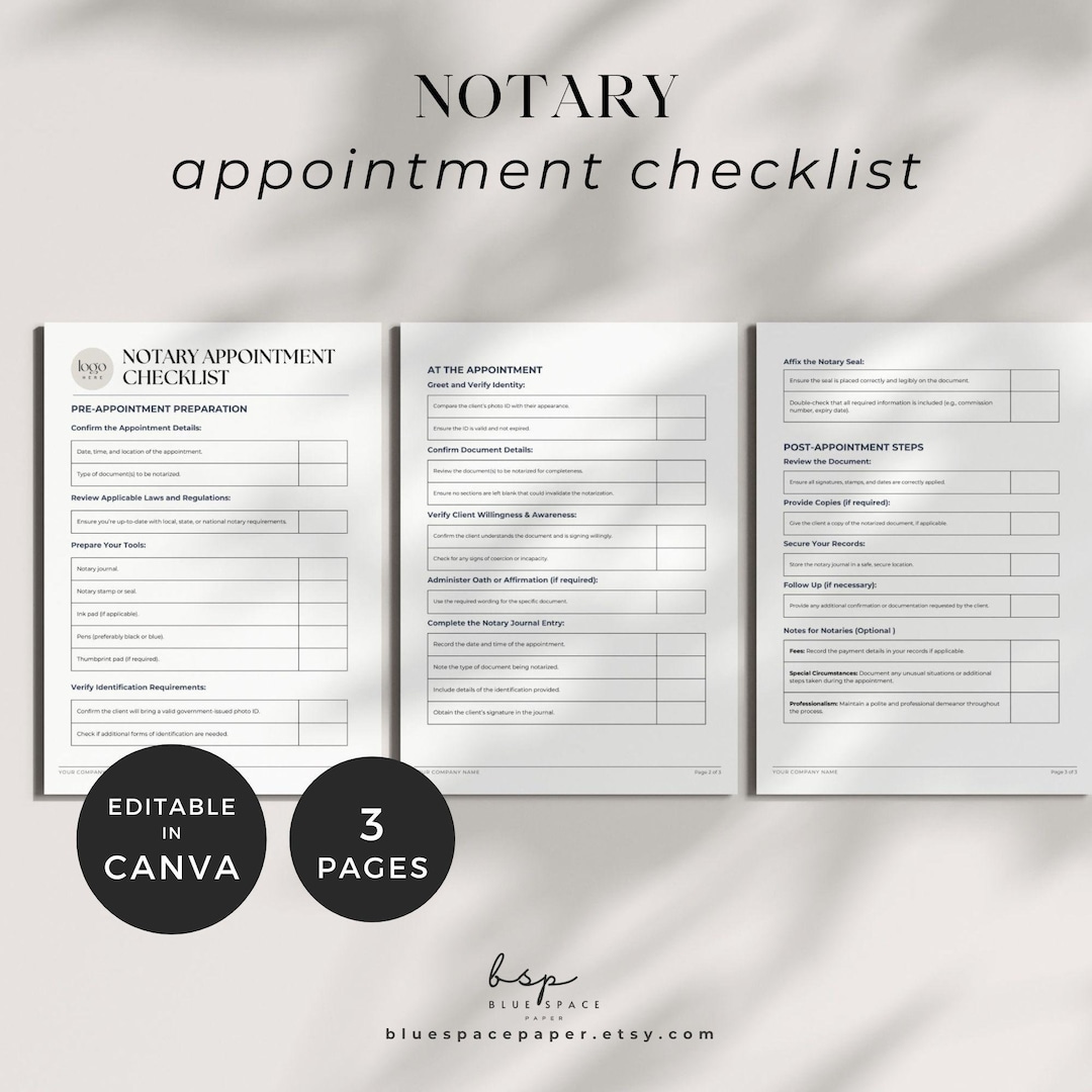 Notary Appointment Checklist, Mobile Notary Forms, Notary Public ...