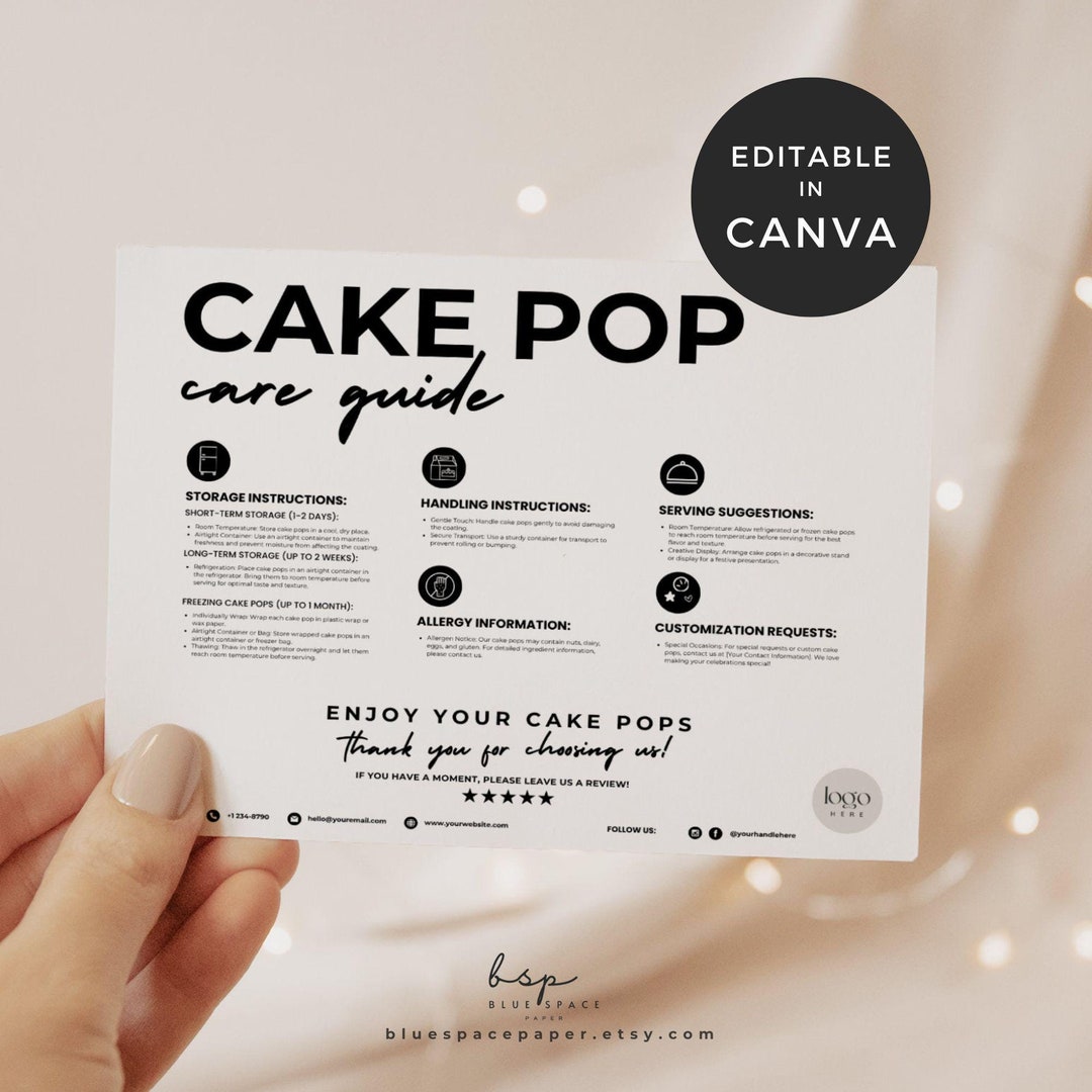 Cake Pop Care Card, Care Instruction Card Template, Home Bakery Care ...