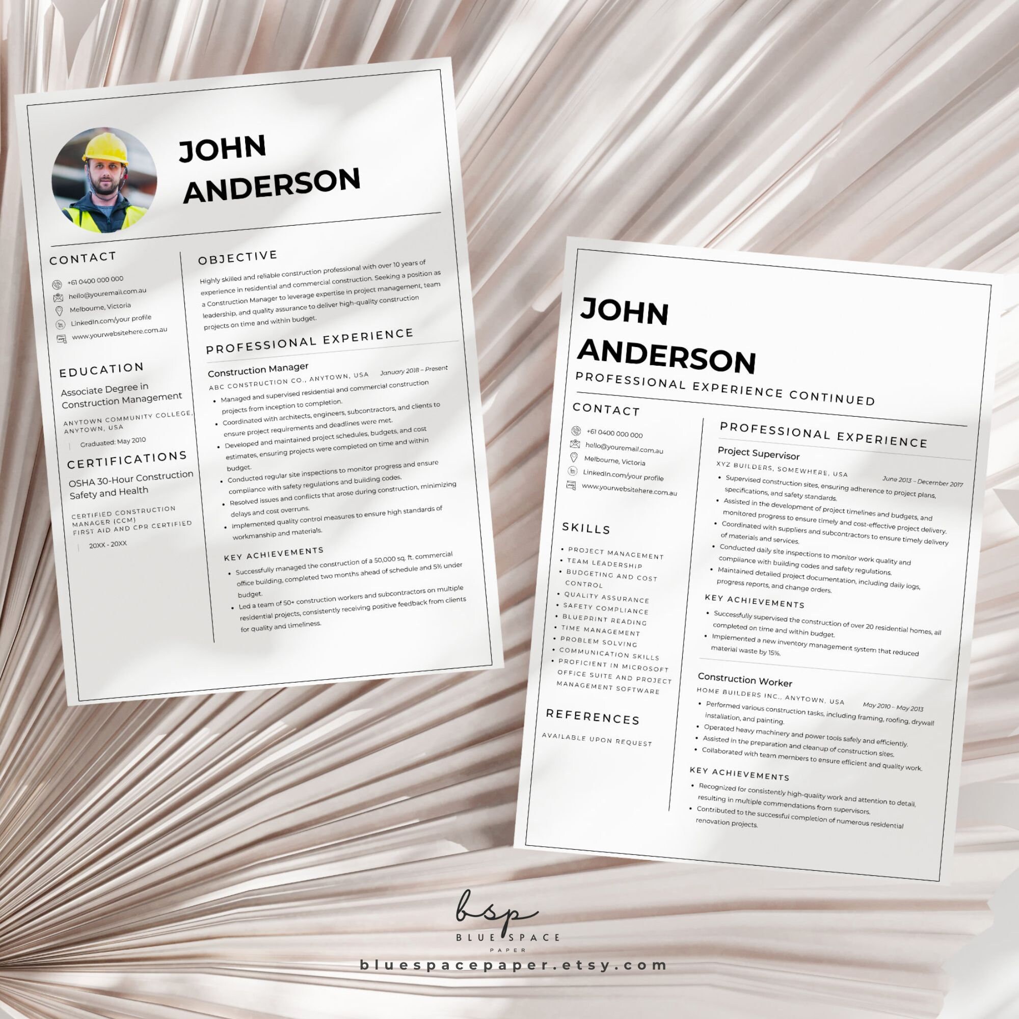 Resume for Construction, Professional Resume With Photo, CV Template ...