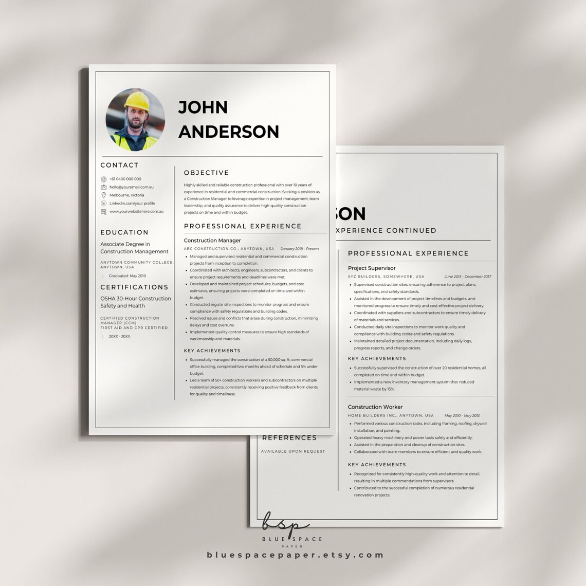 Resume for Construction, Professional Resume With Photo, CV Template ...