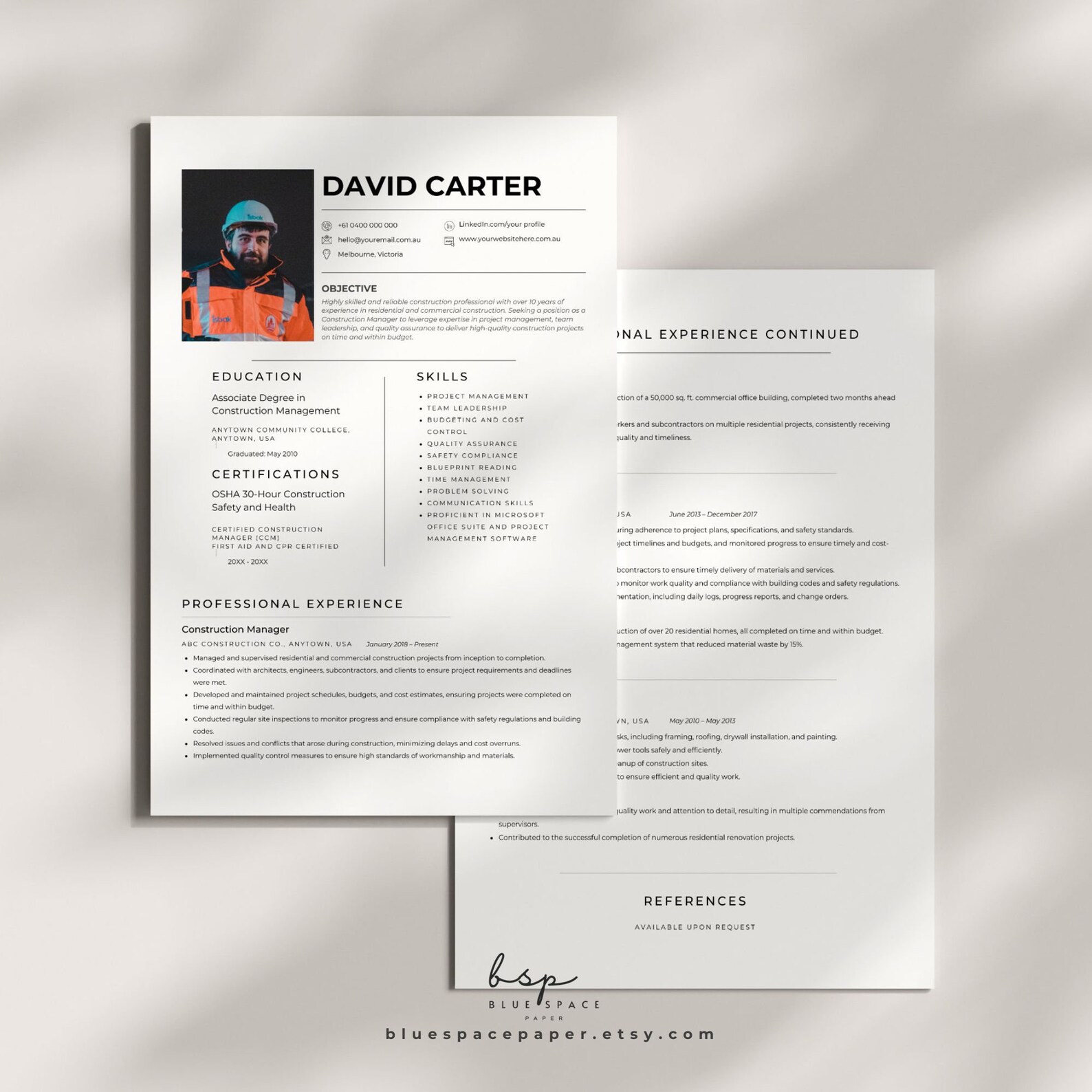 Resume Template for Construction, Professional Resume With Photo, CV ...