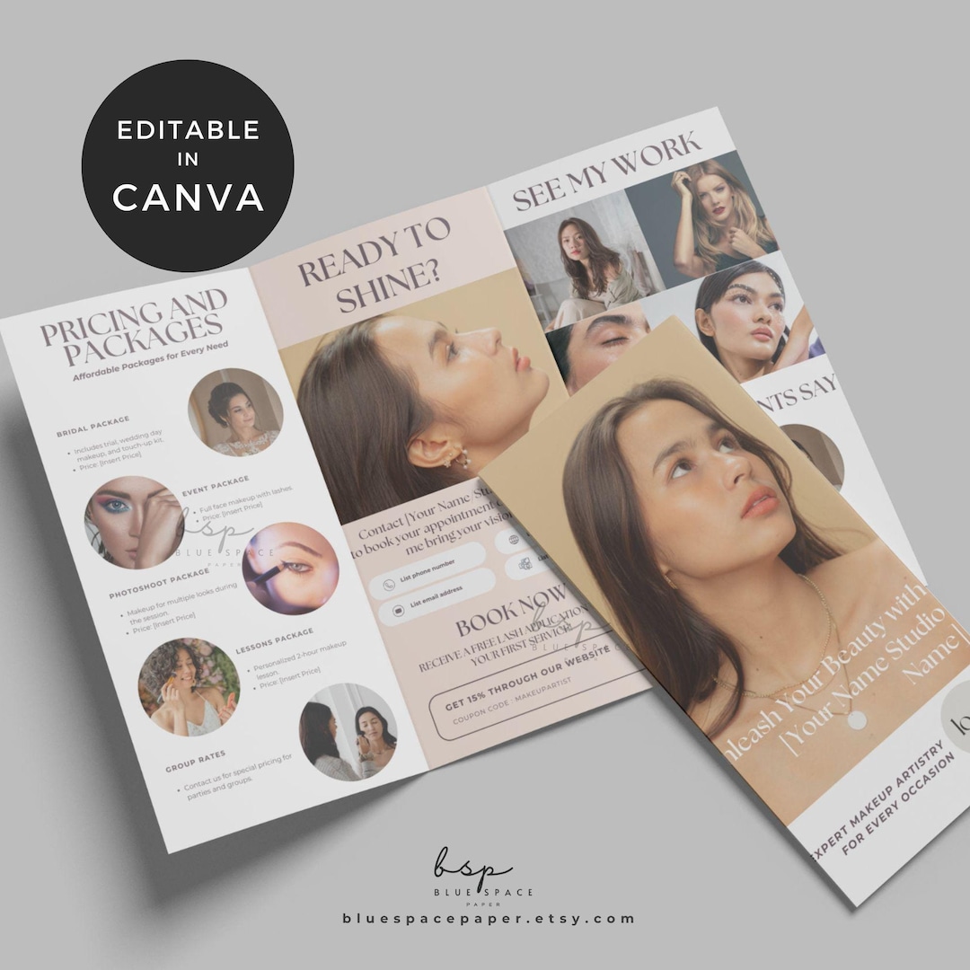 Makeup Artist Brochure, Wedding Hair and Makeup Menu, Trifold Pamphlet ...