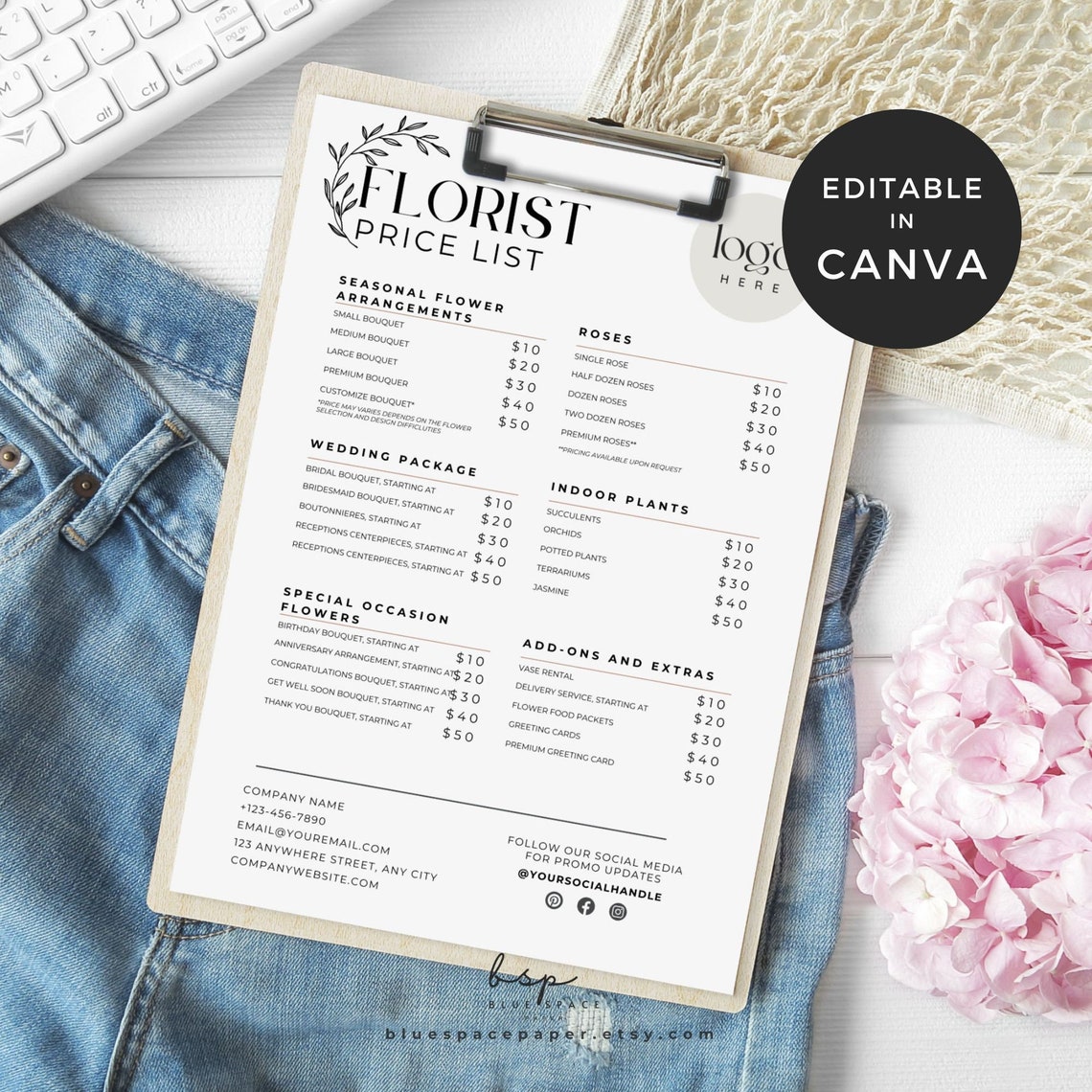 Price List Template for Florist, Flower Bouquet Price List, Floral ...