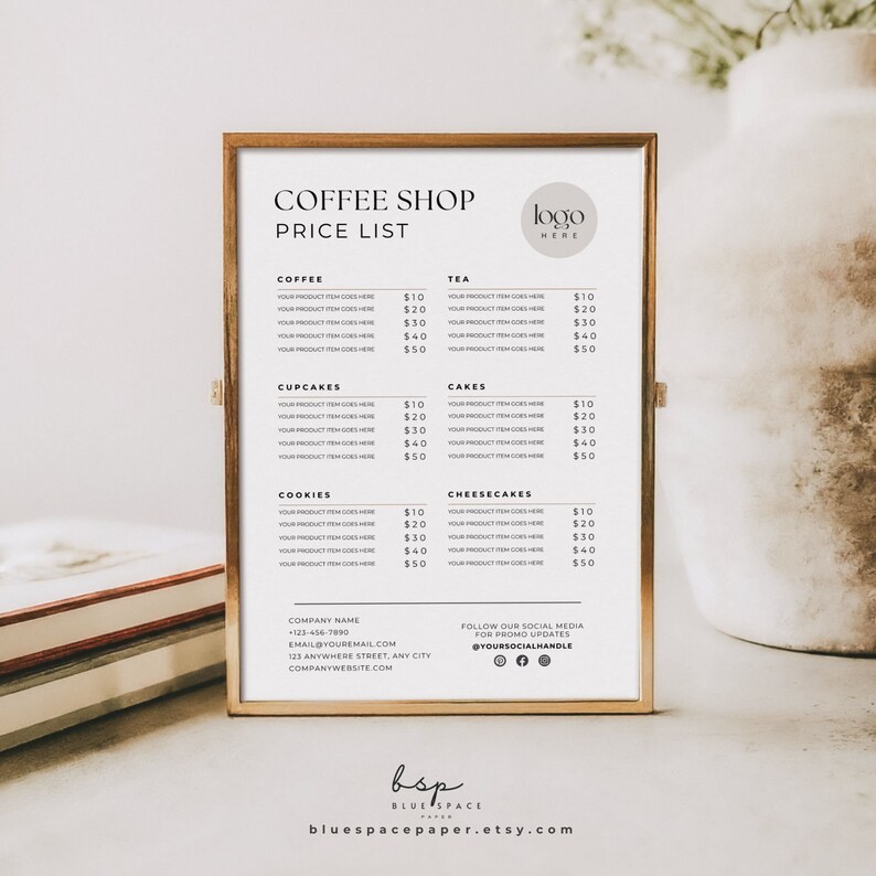 Coffee Shop Price List, Prices for Coffee Cake, Bakery Menu Template ...