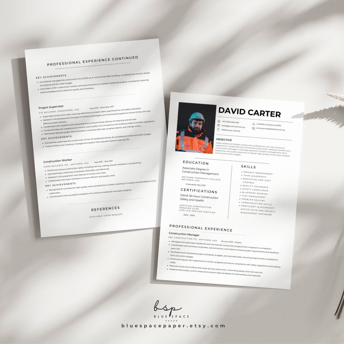 Resume Template for Construction, Professional Resume With Photo, CV ...