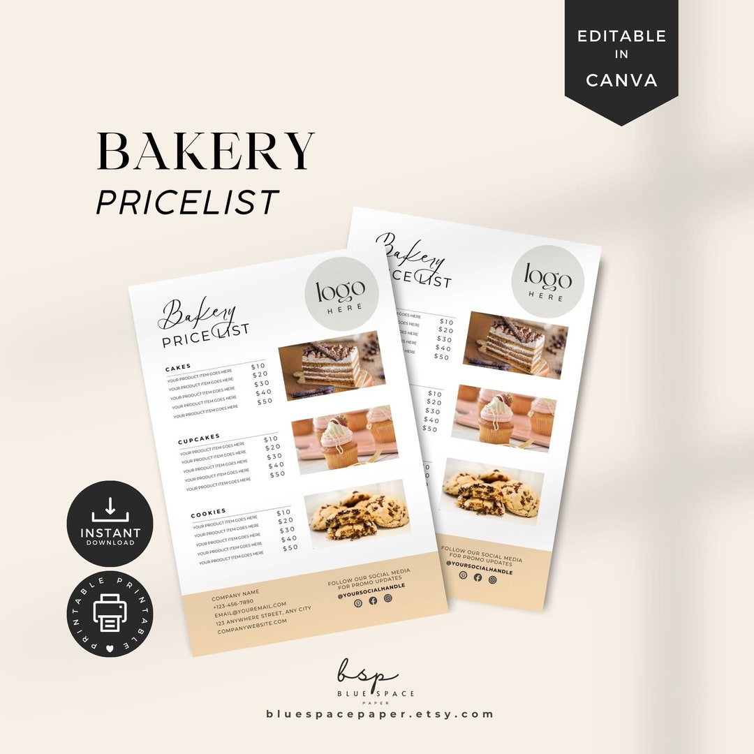 Bakery Price Template, Bakery Menu Template, Bakery Price List Canva ...